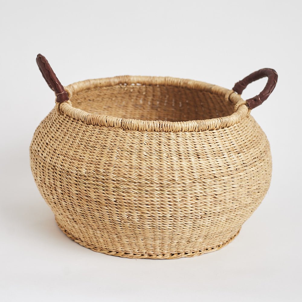 Sustainably Produced Bolga Pot Basket with leather handles – Woven ...